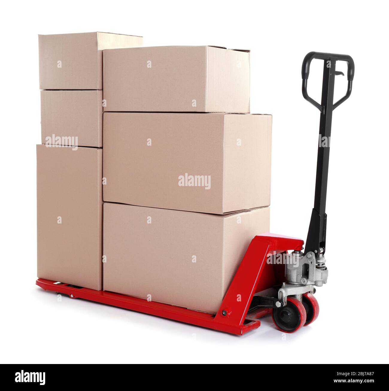 Fork pallet truck with stack of cardboard boxes isolated on white Stock ...
