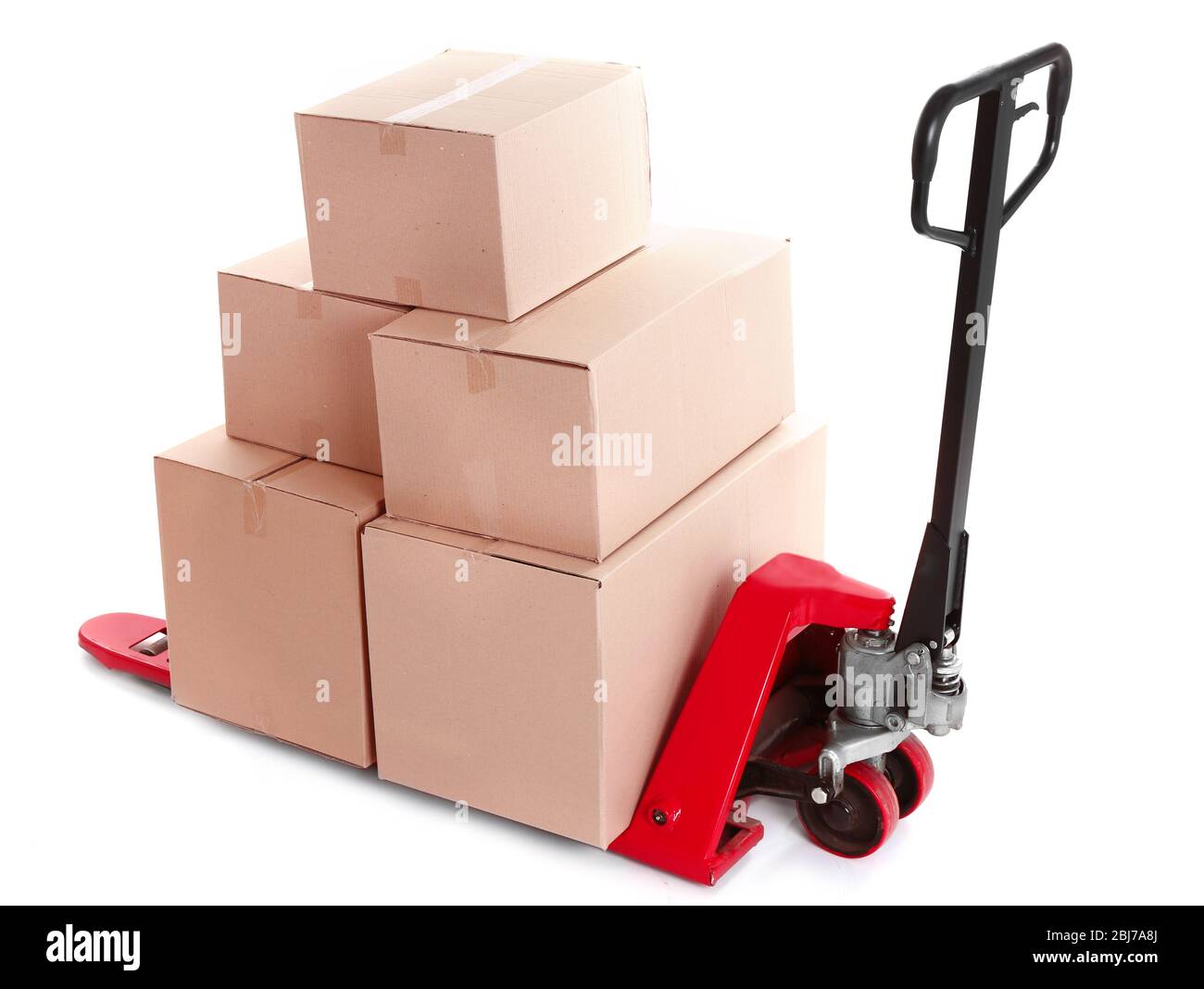 Fork pallet truck with stack of cardboard boxes isolated on white Stock ...