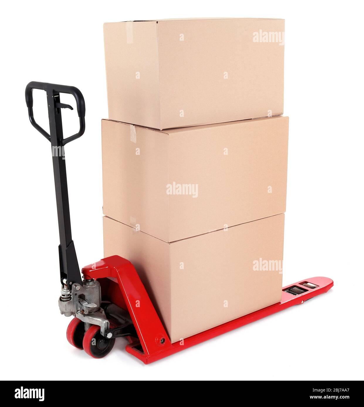 Fork pallet truck with stack of cardboard boxes isolated on white Stock ...