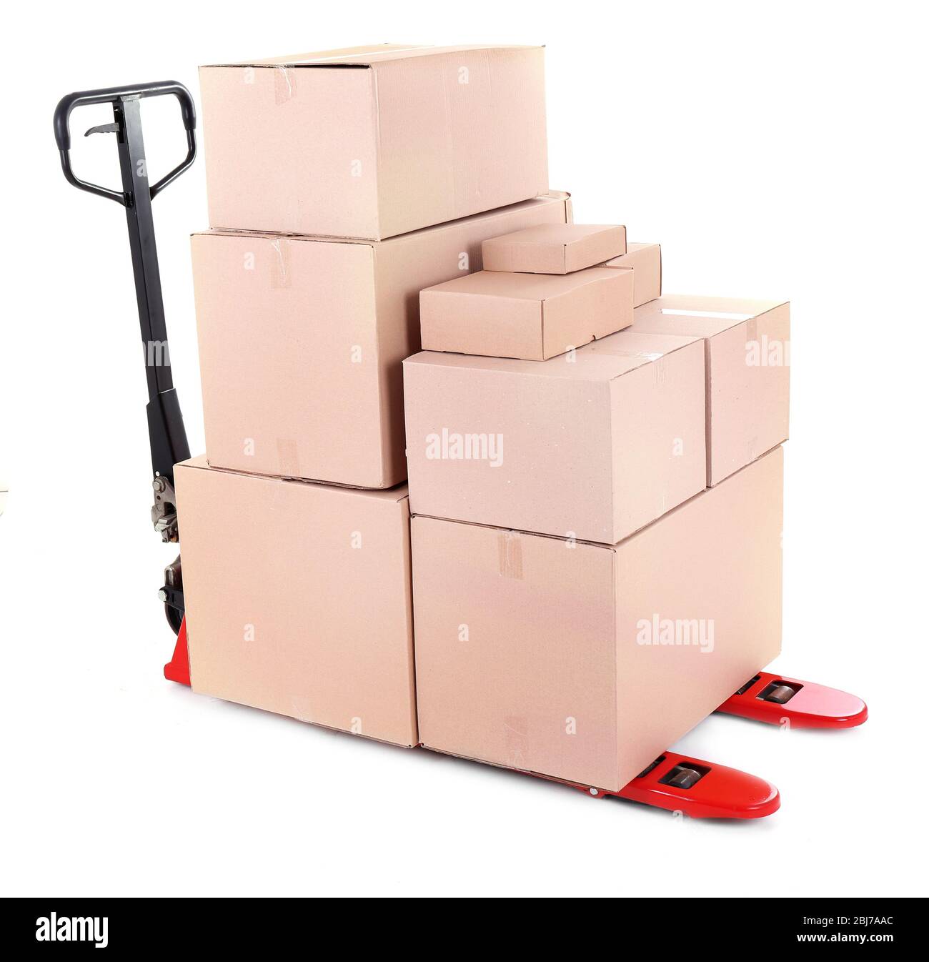 Fork pallet truck with stack of cardboard boxes isolated on white Stock ...