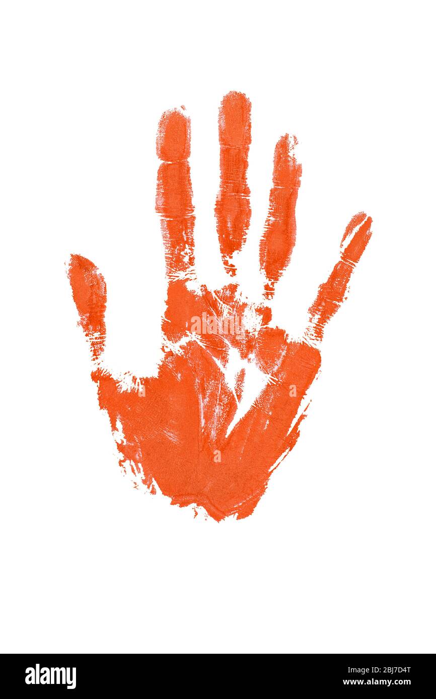 Orange watercolor human hand print on white background isolated close ...