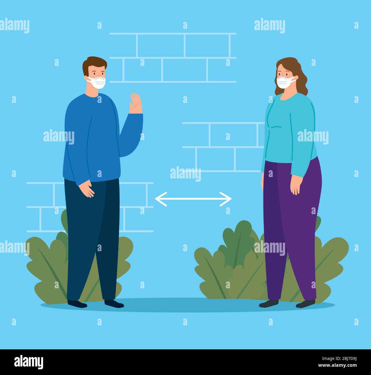 campaign of social distancing for covid 19 with couple using face mask ...