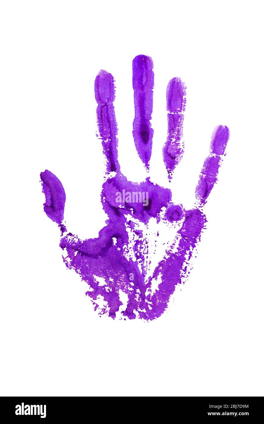 Purple watercolor human hand print on white background isolated close ...