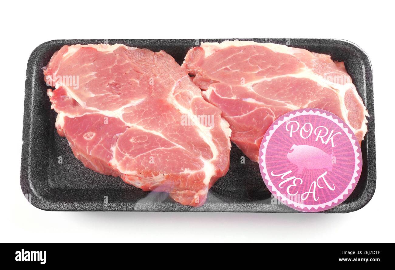 Packed pieces of pork meat, isolated on white Stock Photo - Alamy