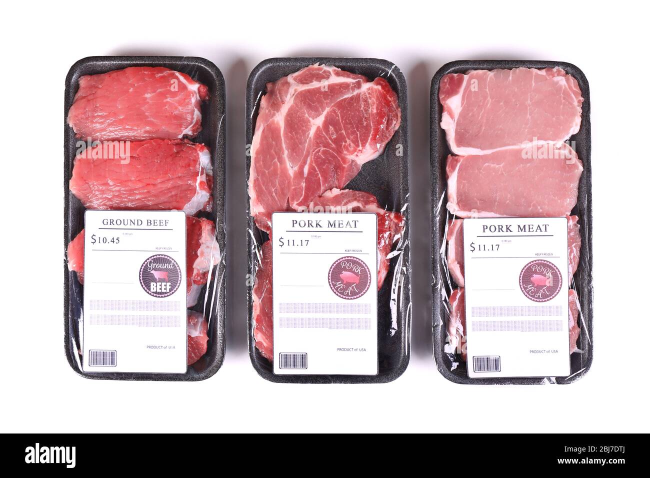 Packed pieces of pork and beef meat, isolated on white Stock Photo - Alamy