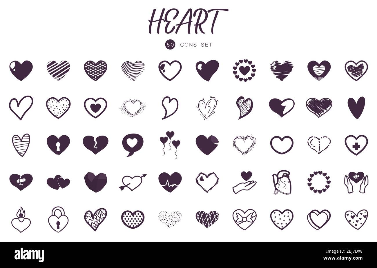 50 Hearts line style icon set design of love passion and romantic theme ...