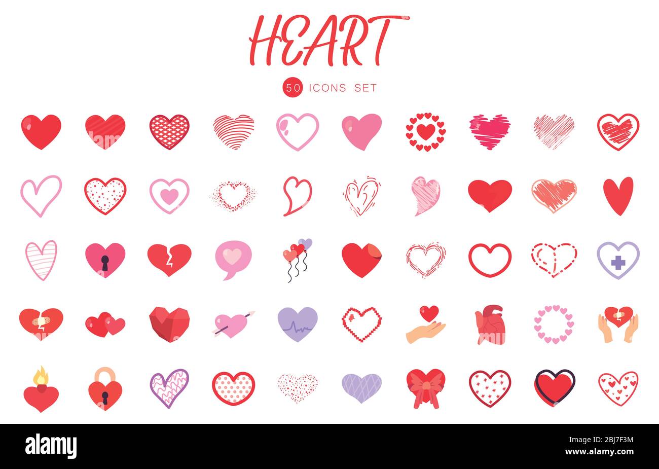 50 Hearts flat style icon set design of love passion and romantic theme ...