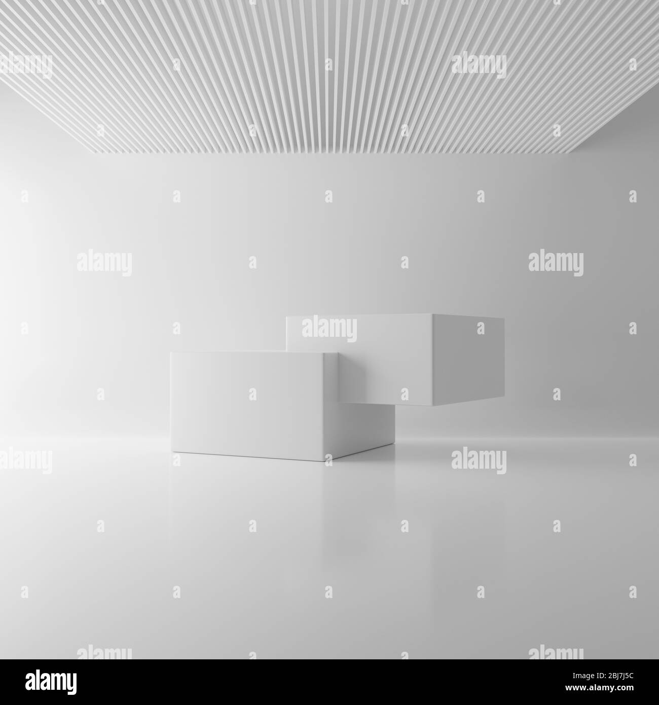 White two rectangle block cube in ceiling room background. Abstract ...