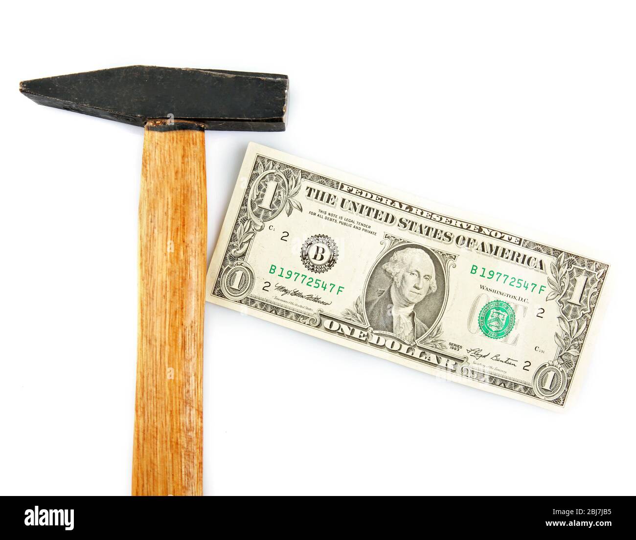Hammer with dollar banknote, isolated on white. Repair costs concept ...