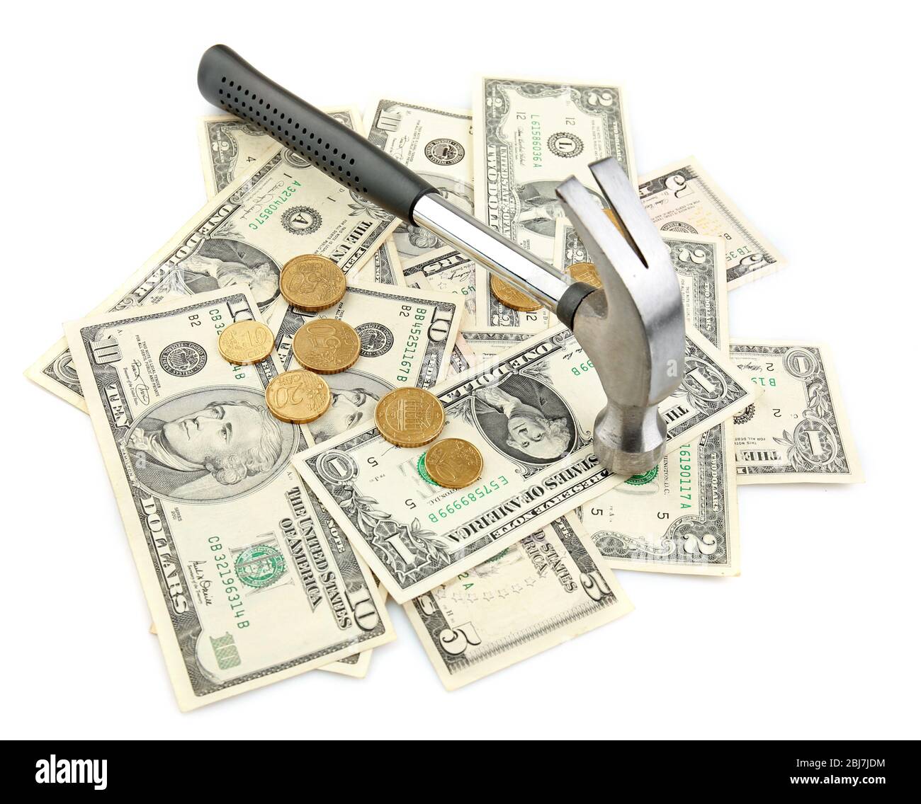 Hammer with dollar banknotes and coins, isolated on white. Repair costs ...