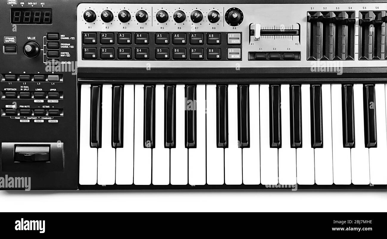 Keyboard of synthesizer closeup Stock Photo - Alamy