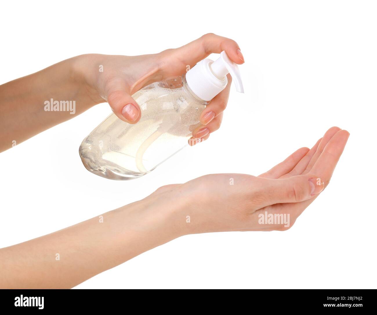 Female hands using liquid soap isolated on white Stock Photo - Alamy