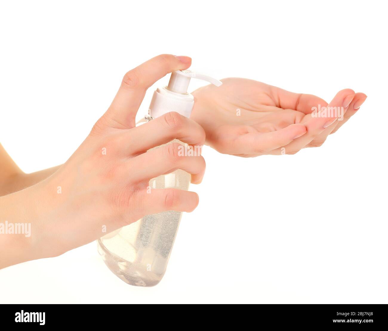 Female hands using liquid soap isolated on white Stock Photo - Alamy