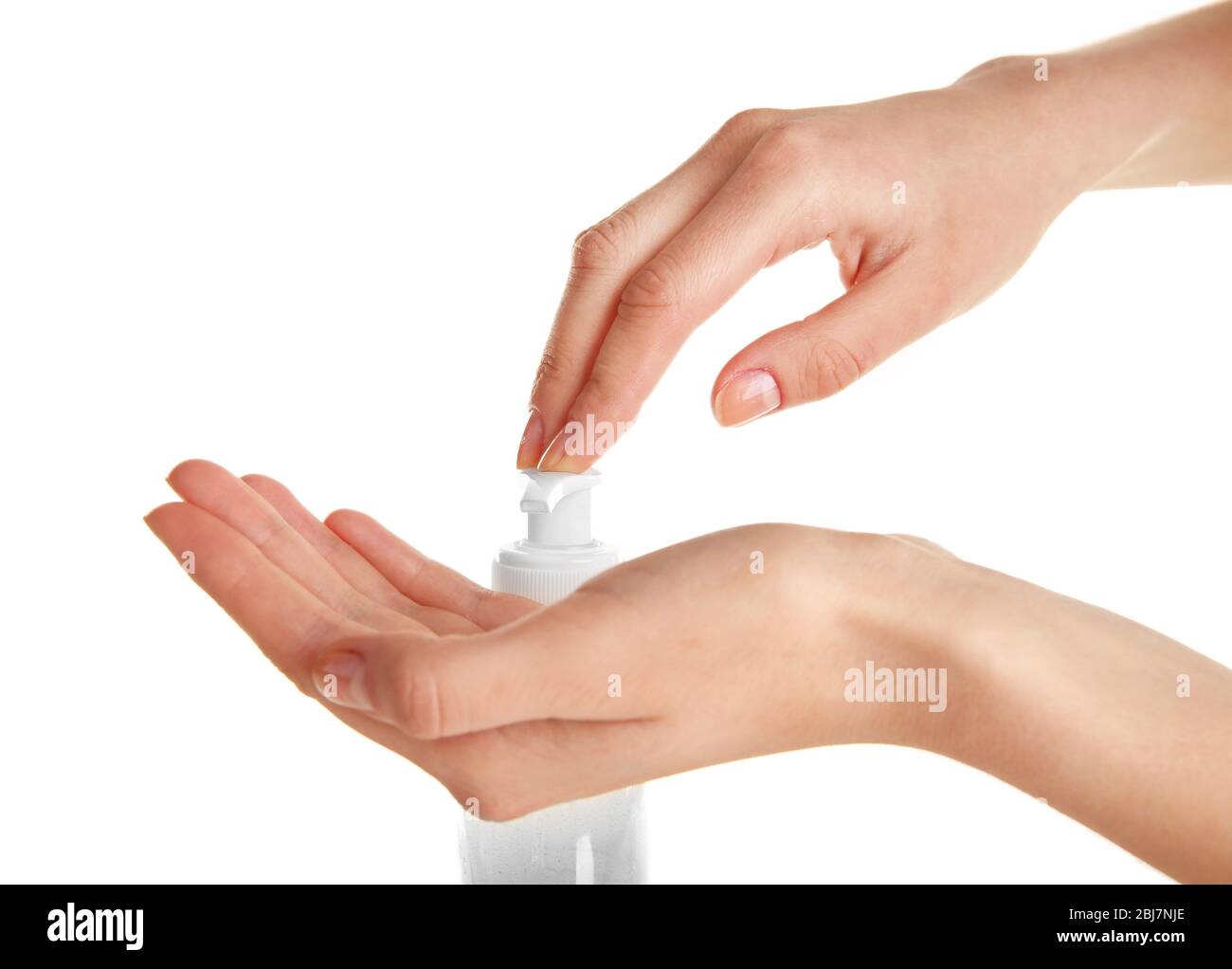 Female hands using liquid soap isolated on white Stock Photo - Alamy