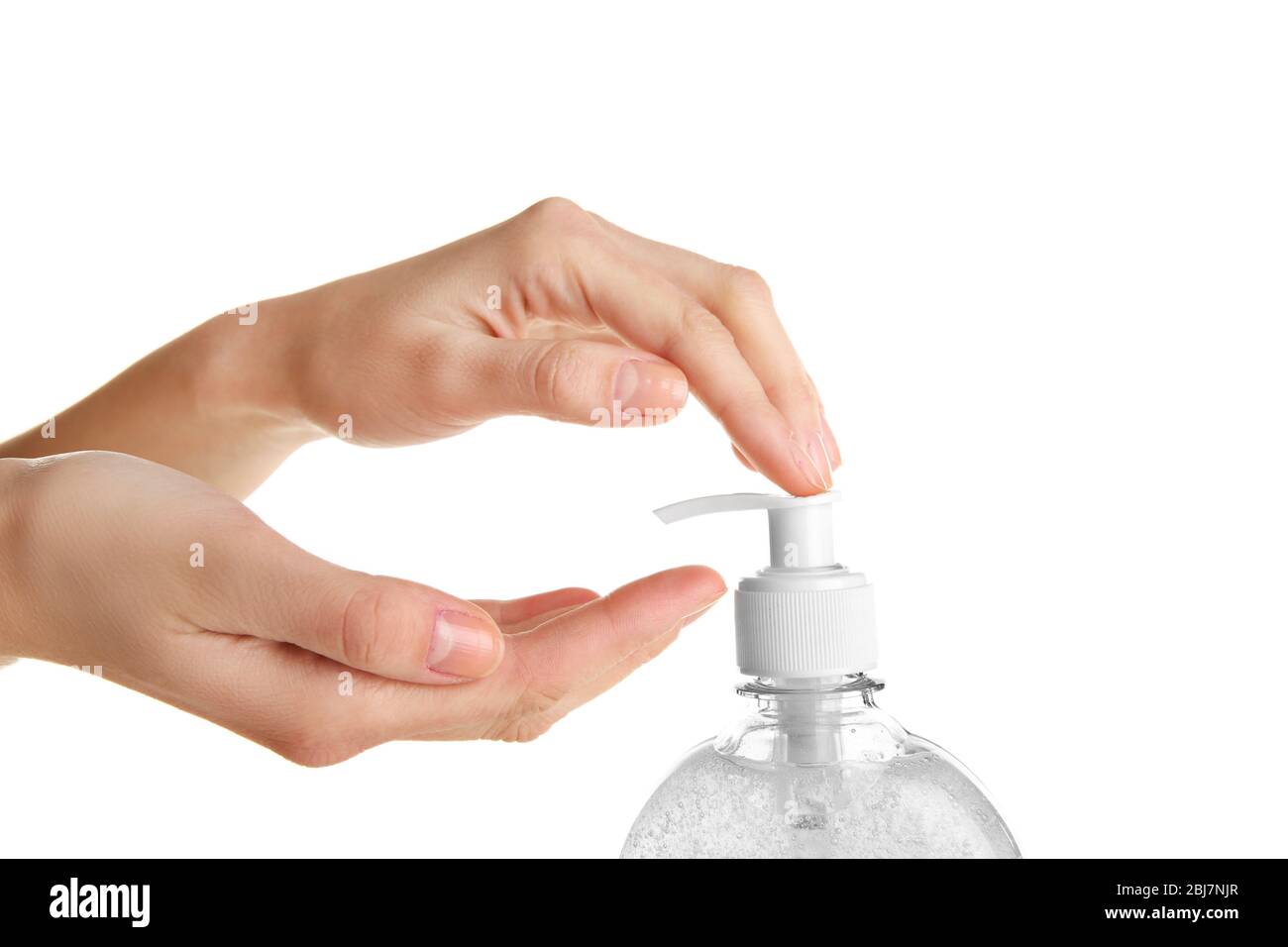 Female hands using liquid soap isolated on white Stock Photo - Alamy