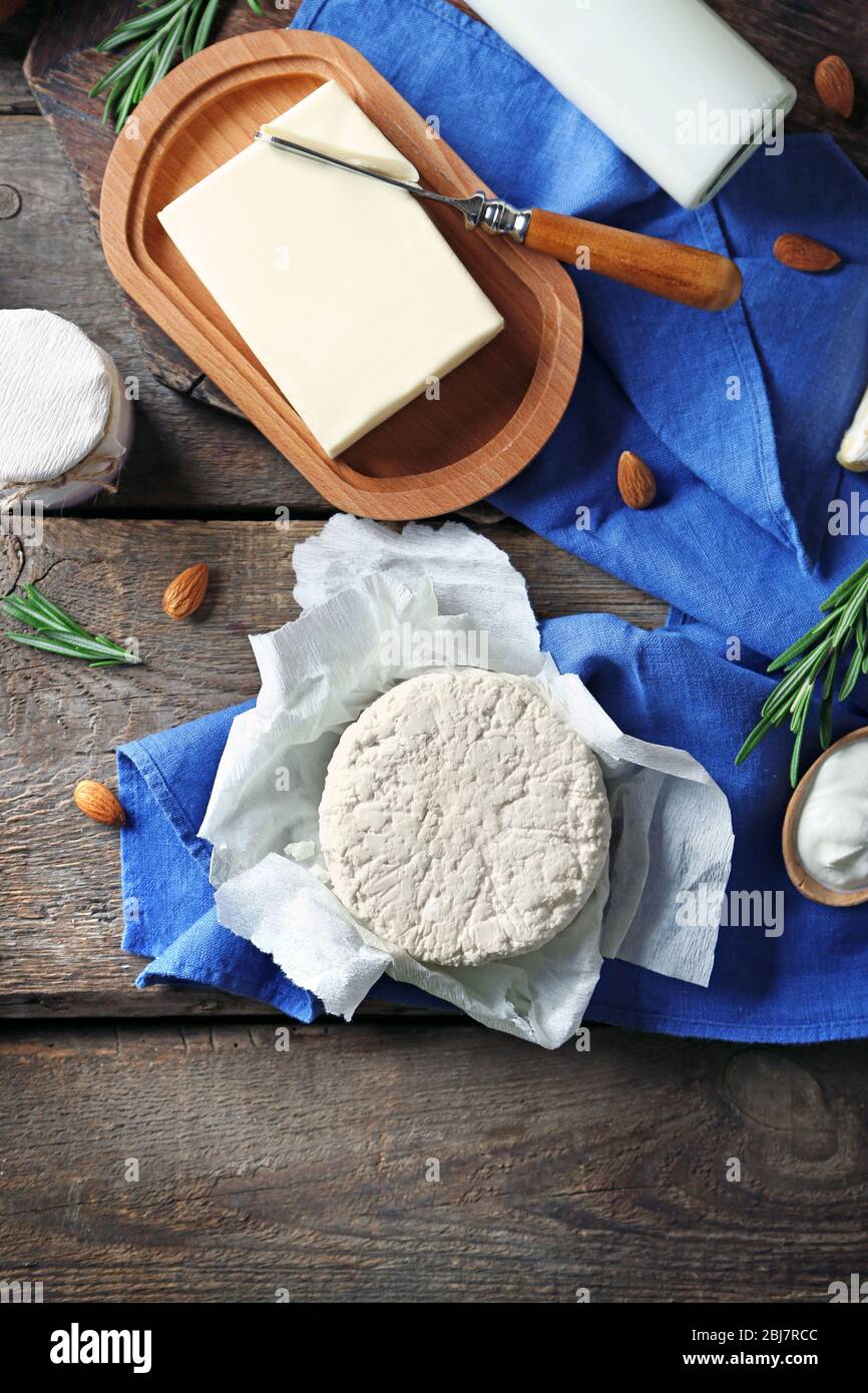 Set of dairy products on wooden table top view Stock Photo - Alamy