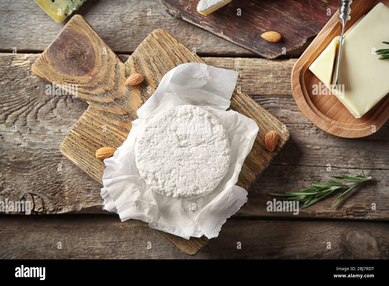 Set of dairy products on wooden table, top view Stock Photo - Alamy