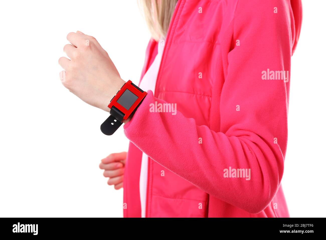 Red sport watch on female wrist, isolated on white Stock Photo - Alamy