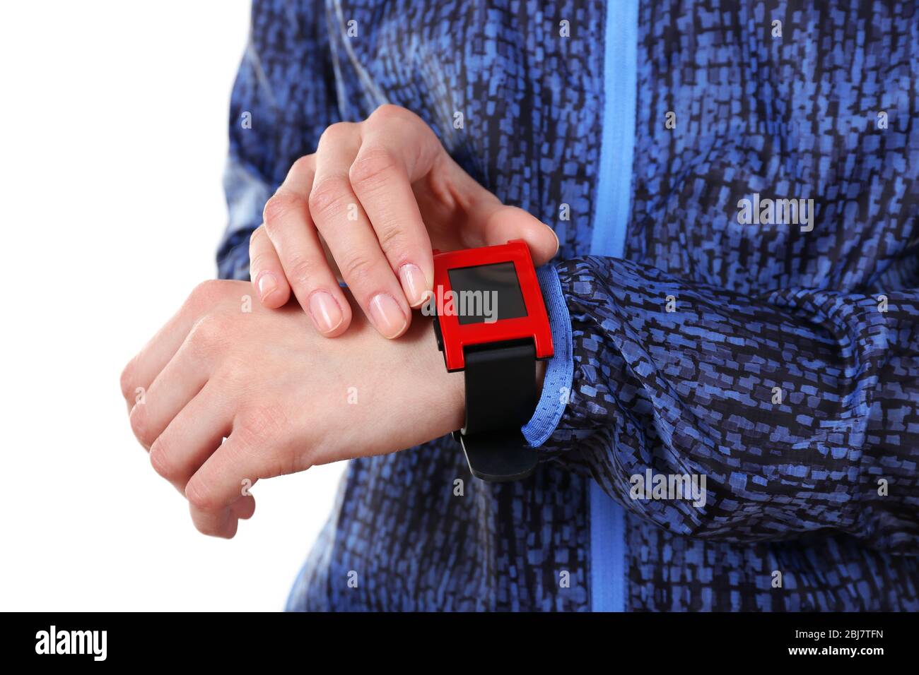 Red sport watch on female wrist, isolated on white Stock Photo - Alamy