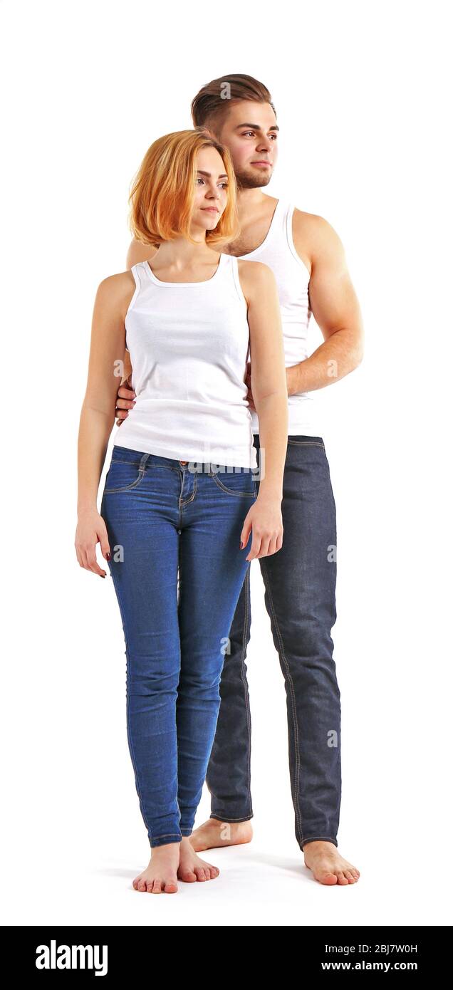 Young couple in love standing together, isolated on white Stock Photo ...