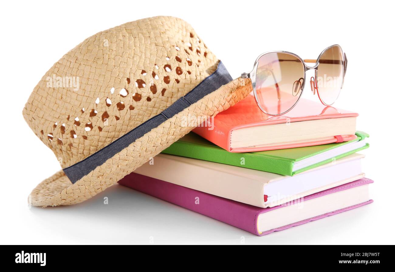 Travel set: books, hat and glasses, isolated on white Stock Photo - Alamy