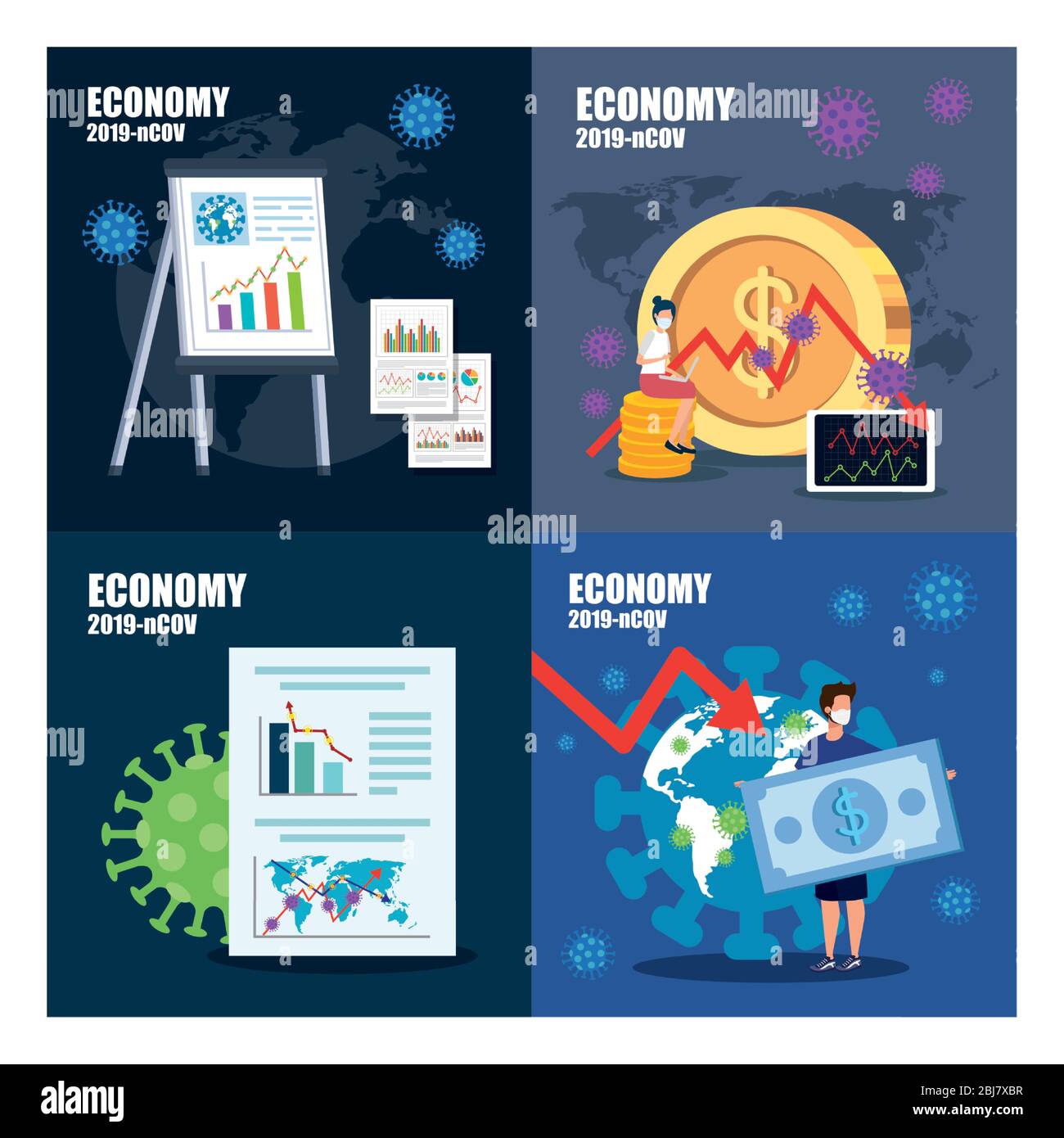 set banners of economy impact by 2019 ncov with icons Stock Vector ...