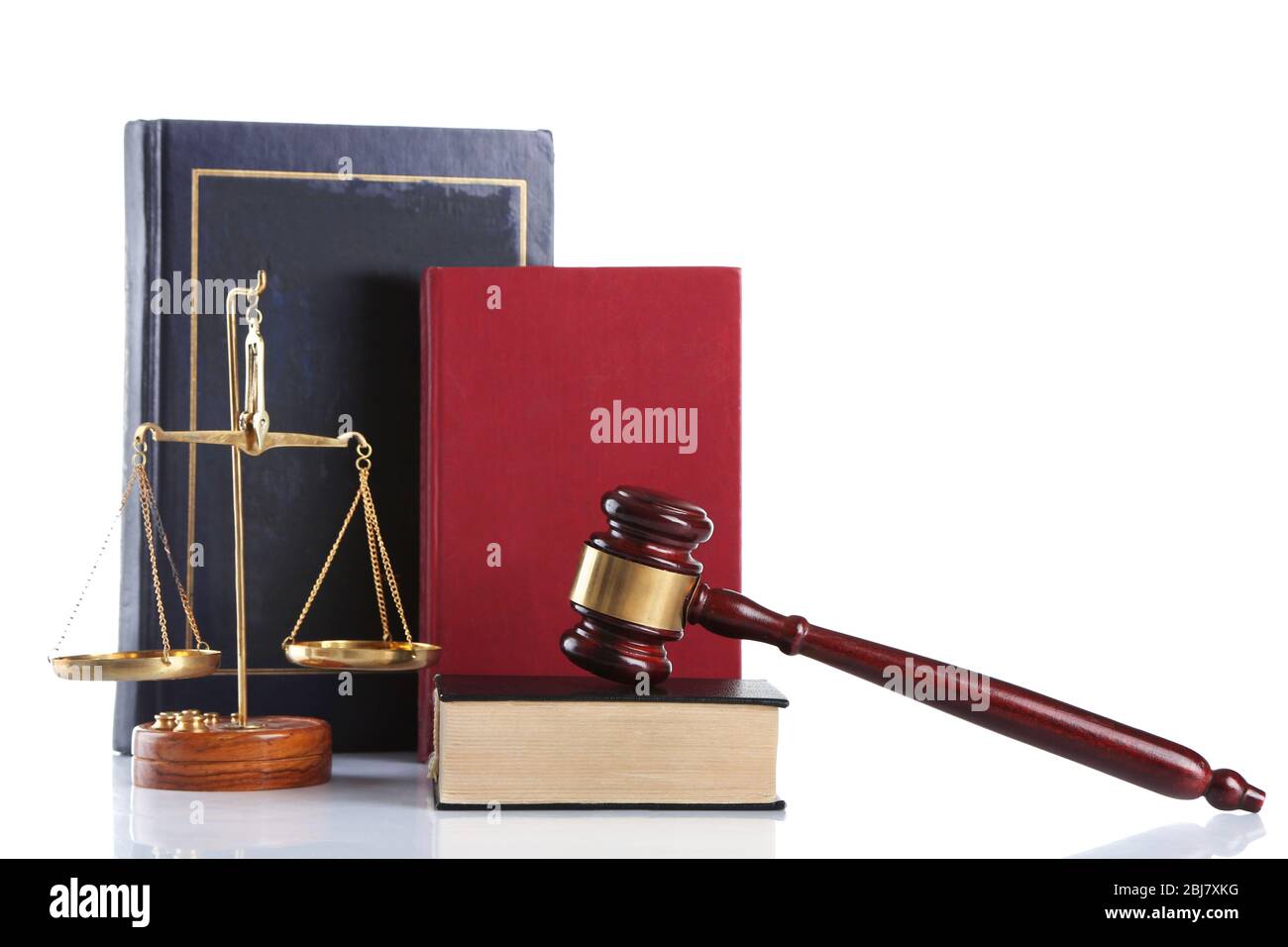 Wooden gavel with justice scales and books, isolated on white Stock ...