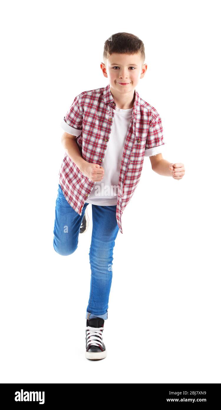Little boy running forward, isolated on white Stock Photo - Alamy