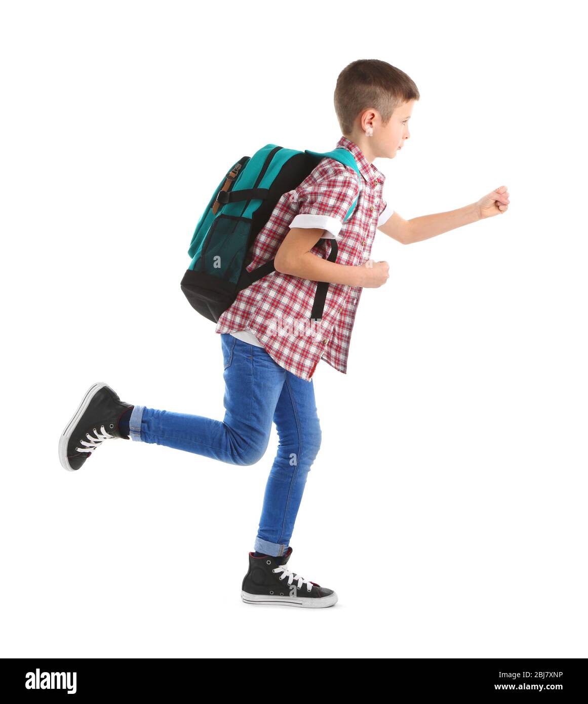 Little boy with back pack running right, isolated on white Stock Photo ...