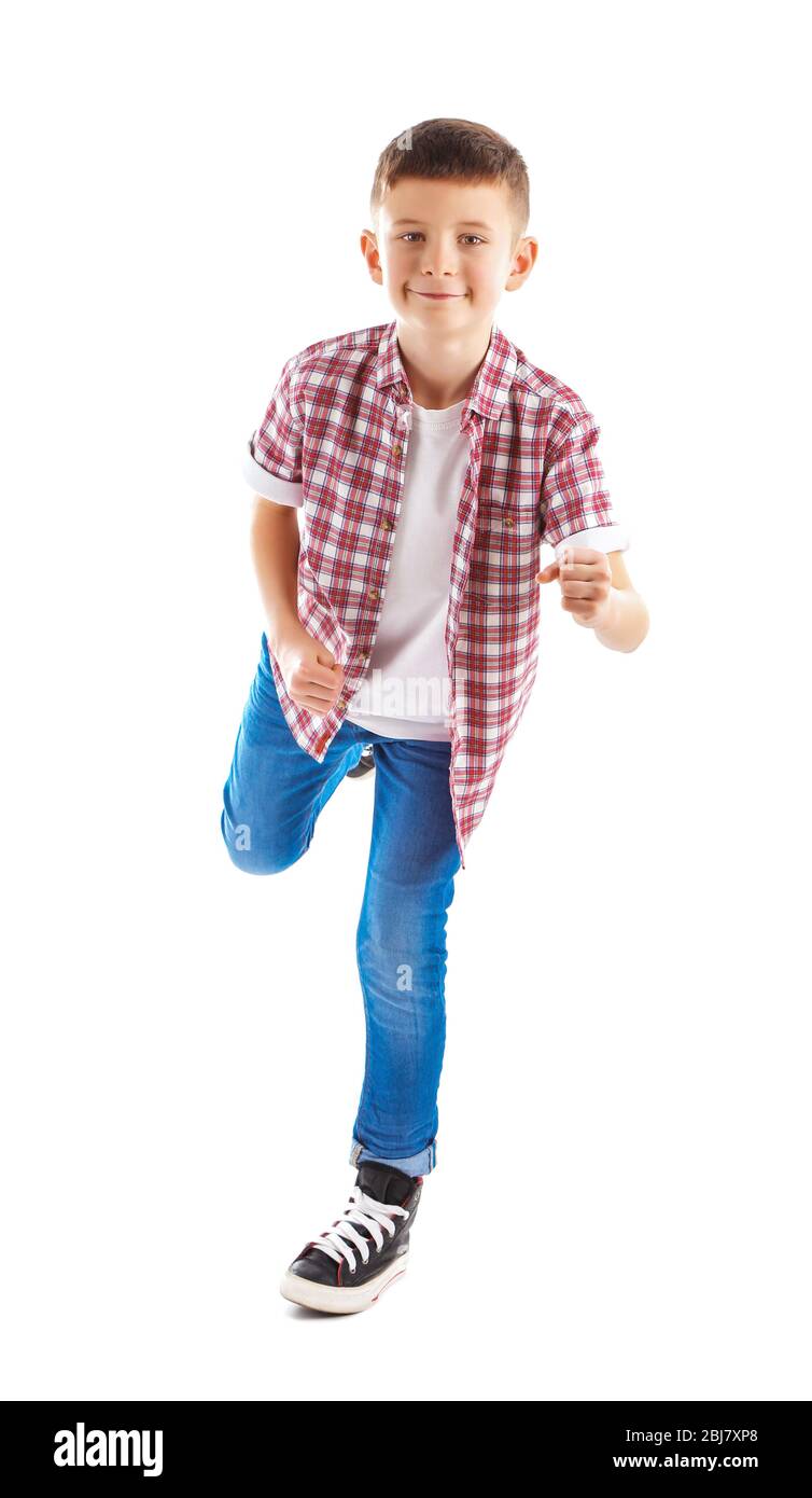Little boy running forward, isolated on white Stock Photo - Alamy