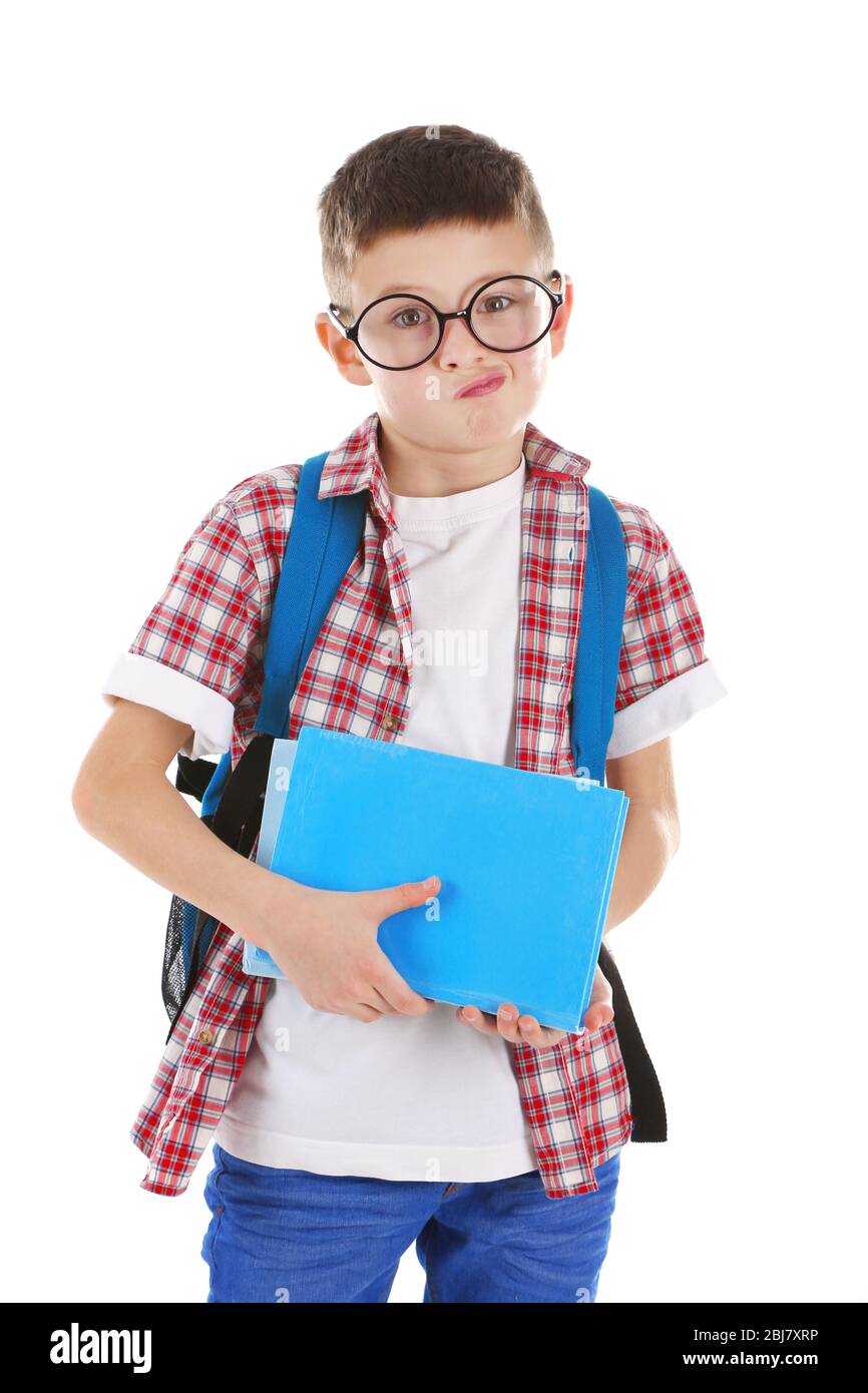 Confused little boy with glasses and back pack holding books, isolated ...