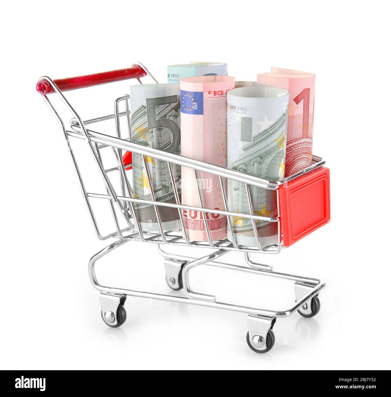 Small shopping trolley with euros banknotes isolated on white Stock ...