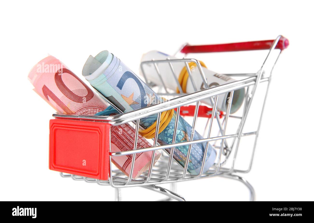 Small shopping trolley with euros banknotes isolated on white Stock ...
