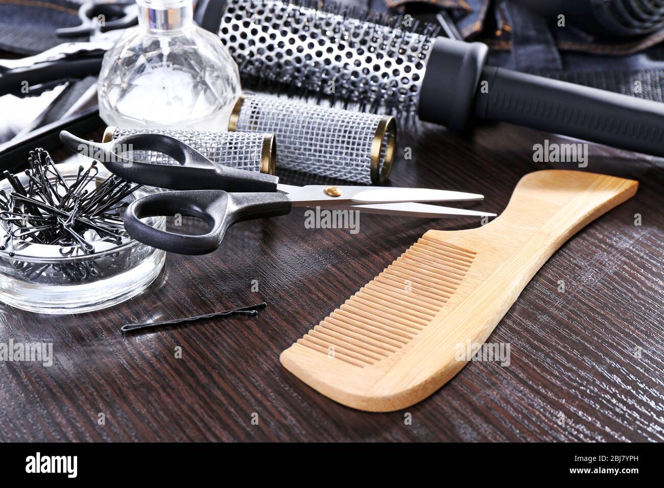 Professional hairdresser tools on table Stock Photo - Alamy