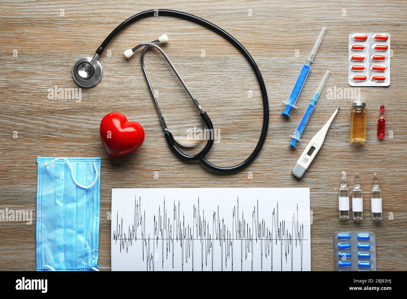 Doctor table with medicines and stethoscope, top view Stock Photo - Alamy