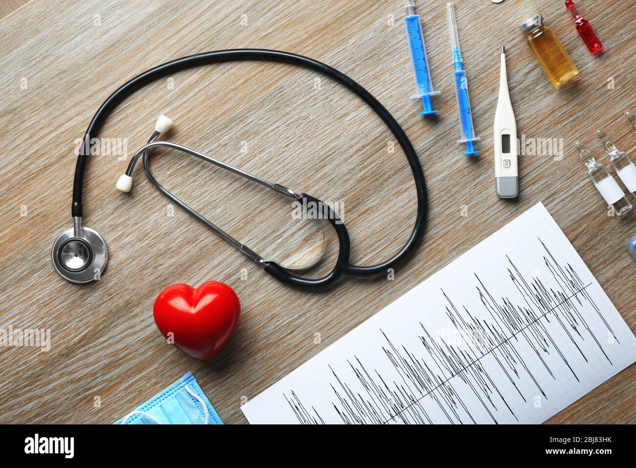 Doctor table with medicines and stethoscope, top view Stock Photo - Alamy