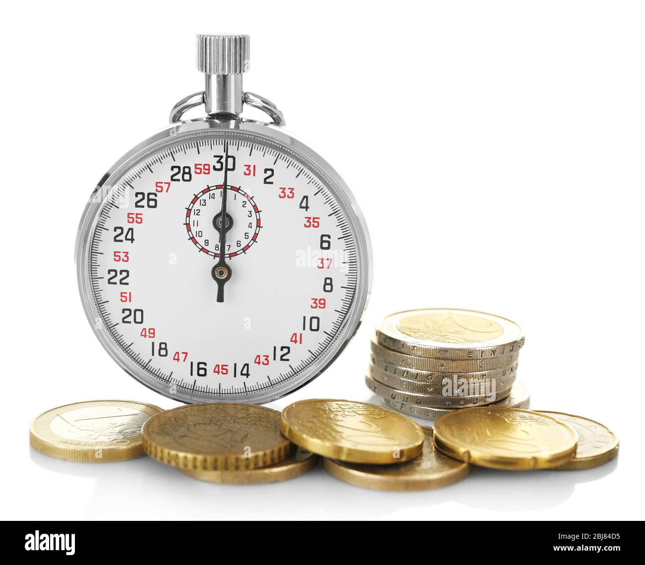 Stopwatch with coins, isolated on white. Time is money concept Stock ...