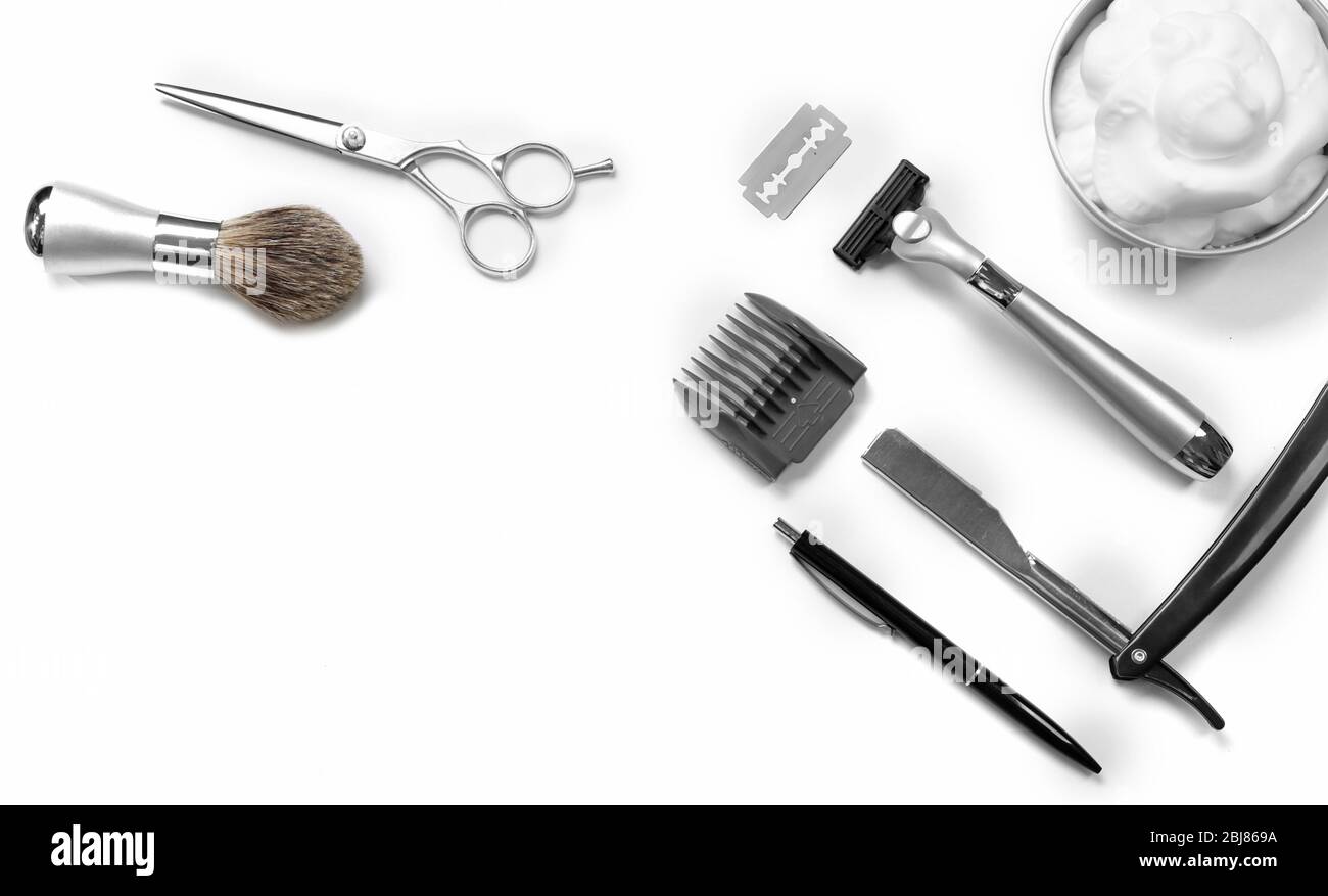 Shaving set with equipment, tools and foam, isolated on white Stock ...