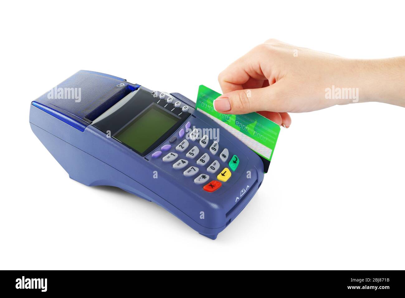 Female hand with credit card and bank terminal, isolated on white Stock ...