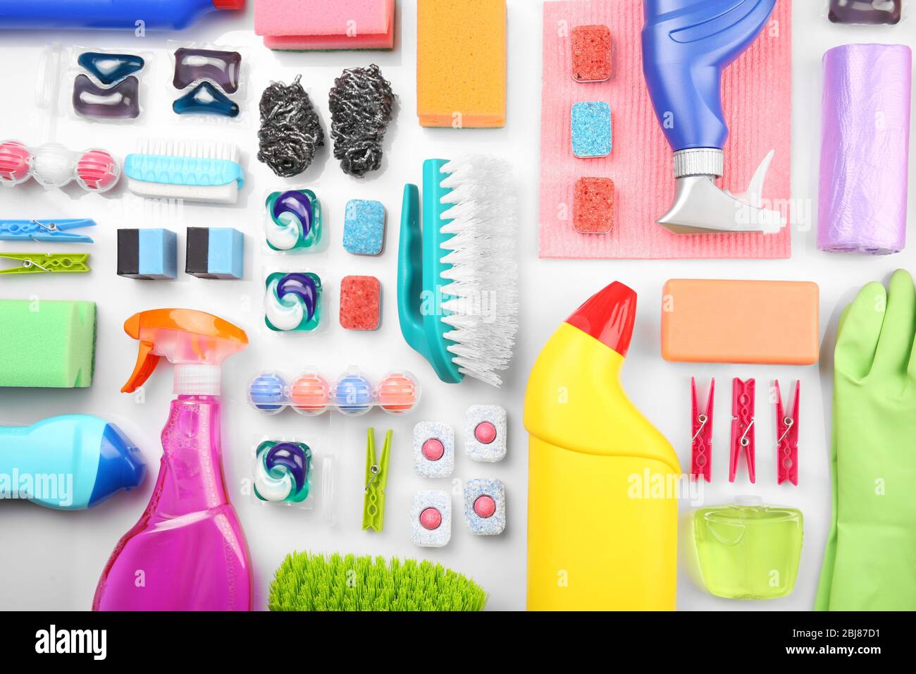 Cleaning set with products and tools on white background Stock Photo ...