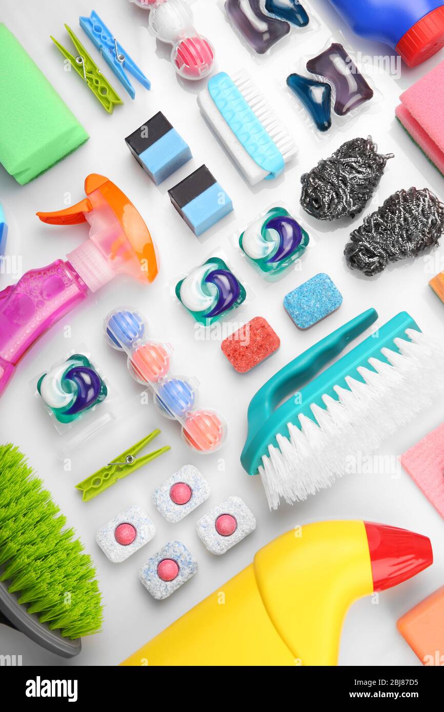Cleaning set with products and tools on white background Stock Photo ...