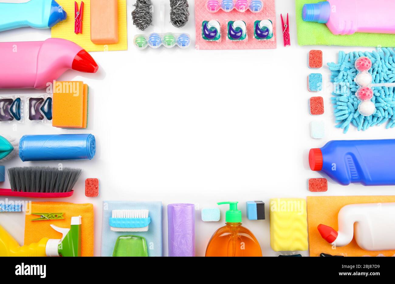 Frame of cleaning products and tools on white background Stock Photo ...