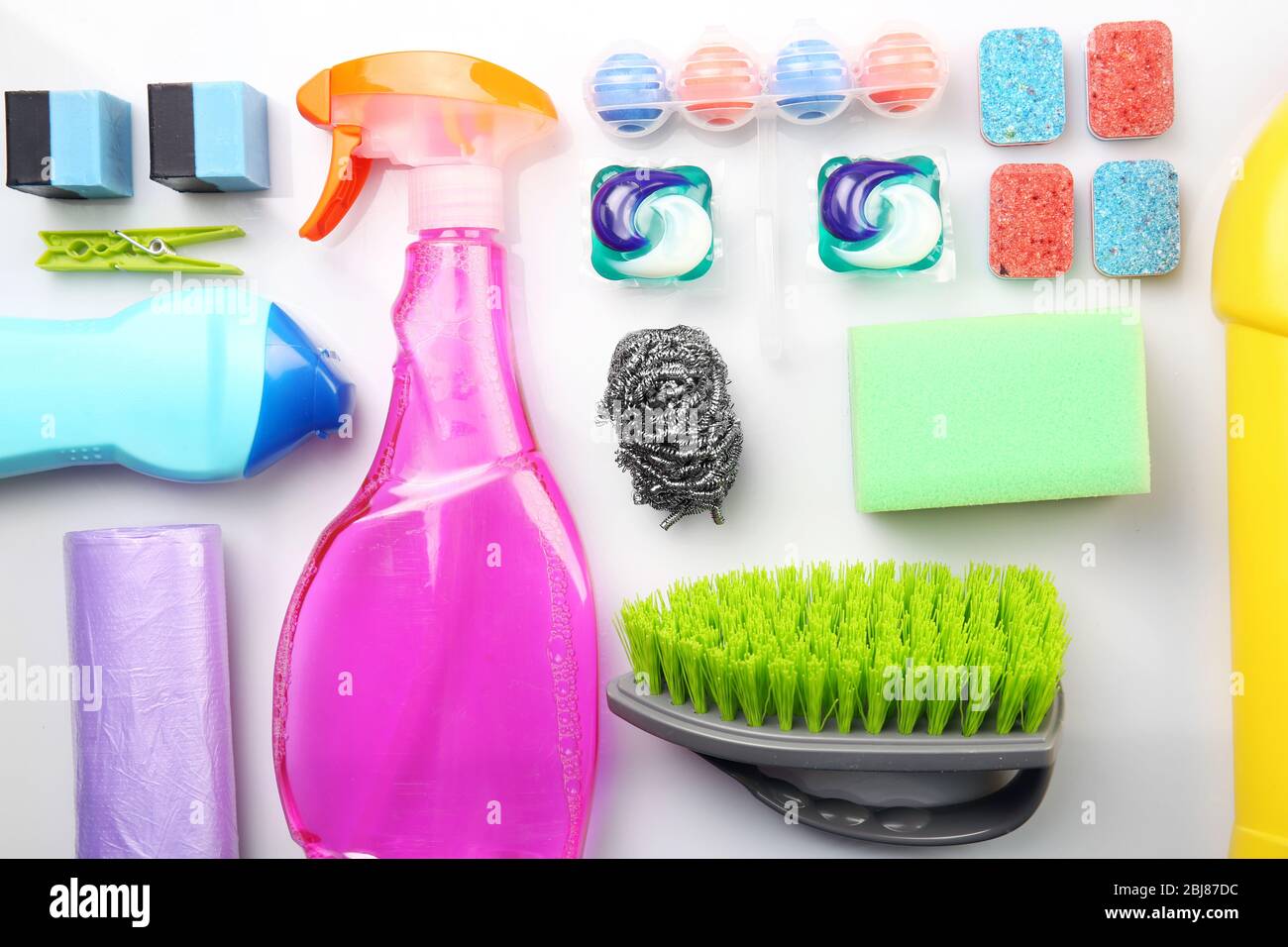 Cleaning set with products and tools on white background Stock Photo ...