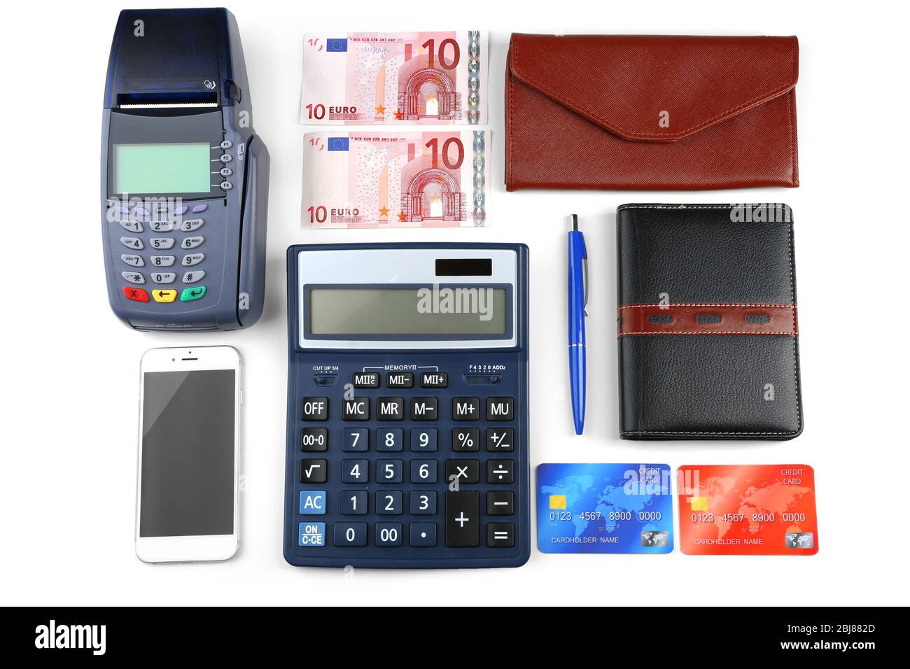 Credit cards with card register and banknotes isolated on white Stock ...