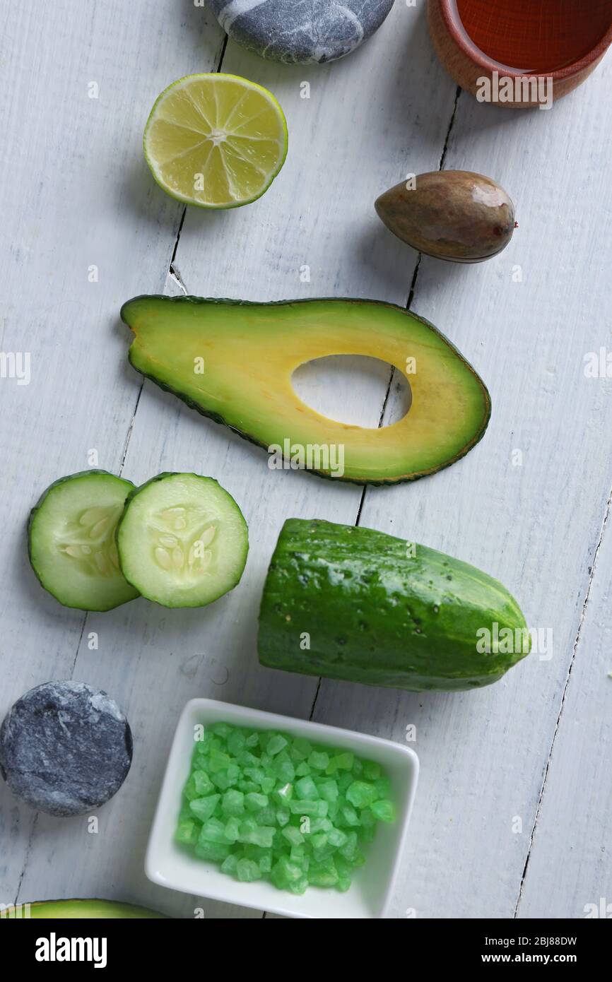 Products for a relaxing avocado spa treatment, top view Stock Photo - Alamy