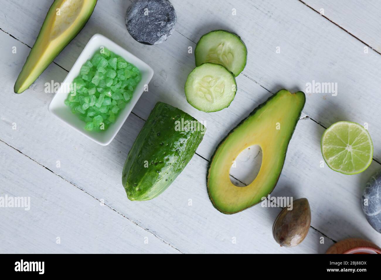 Products for a relaxing avocado spa treatment, top view Stock Photo - Alamy