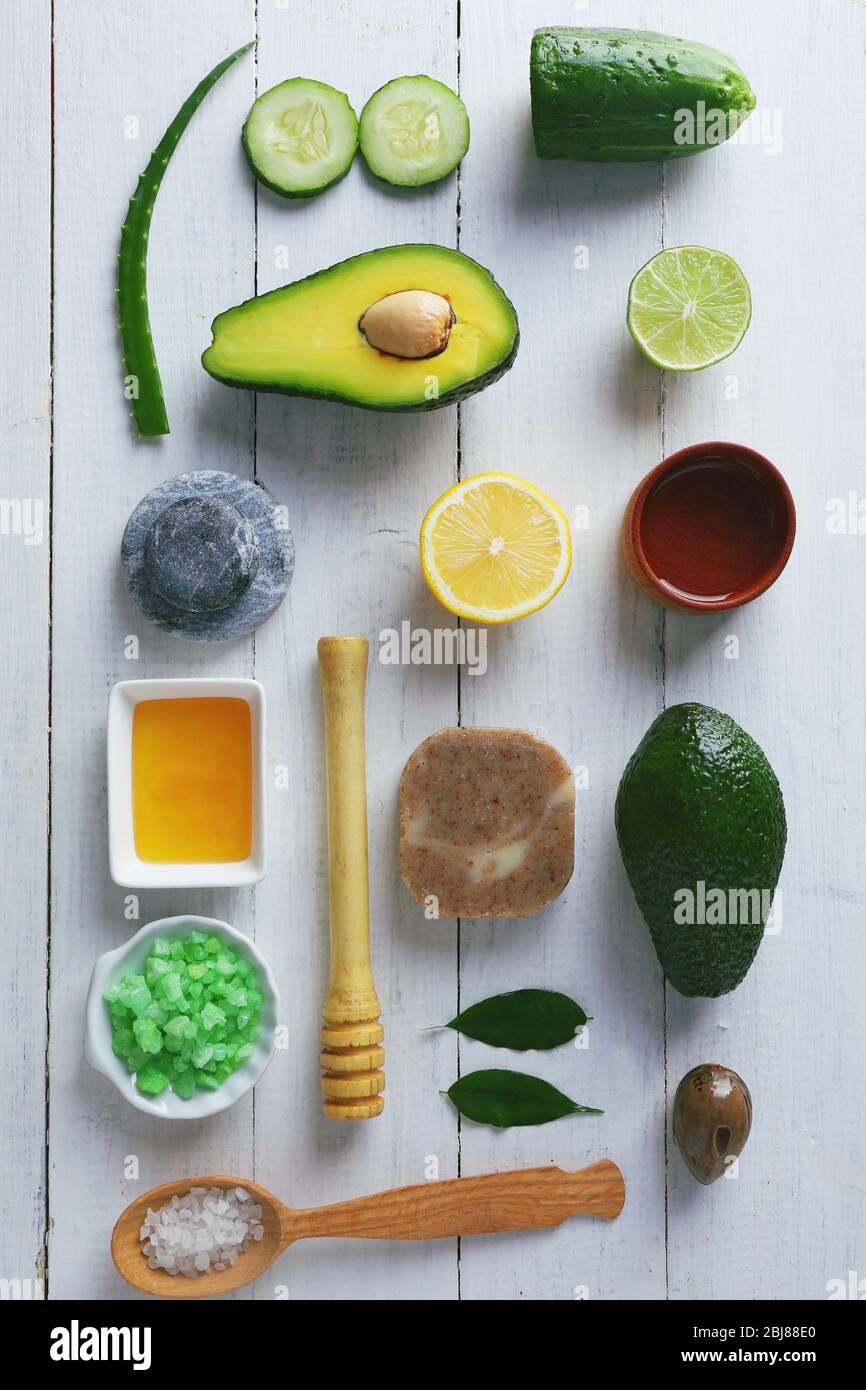 Products for a relaxing avocado spa treatment, top view Stock Photo - Alamy