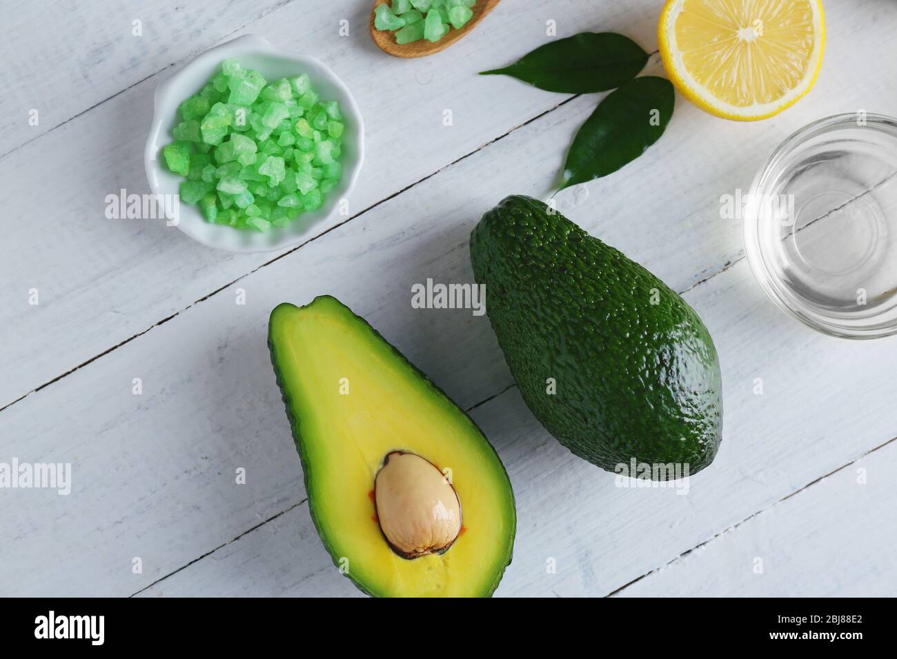 Products for a relaxing avocado spa treatment, top view Stock Photo - Alamy