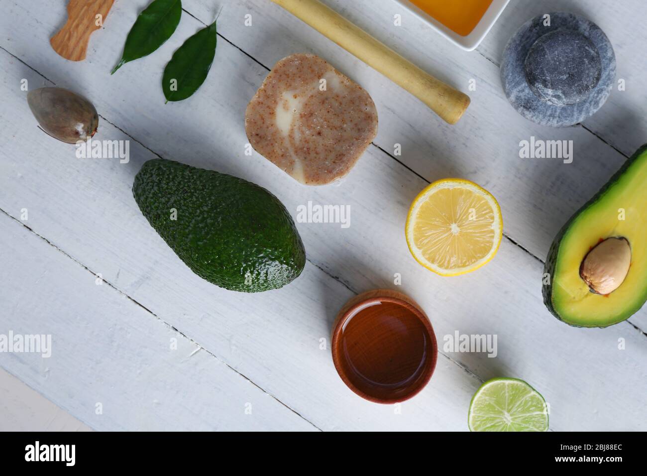 Products for a relaxing avocado spa treatment, top view Stock Photo - Alamy