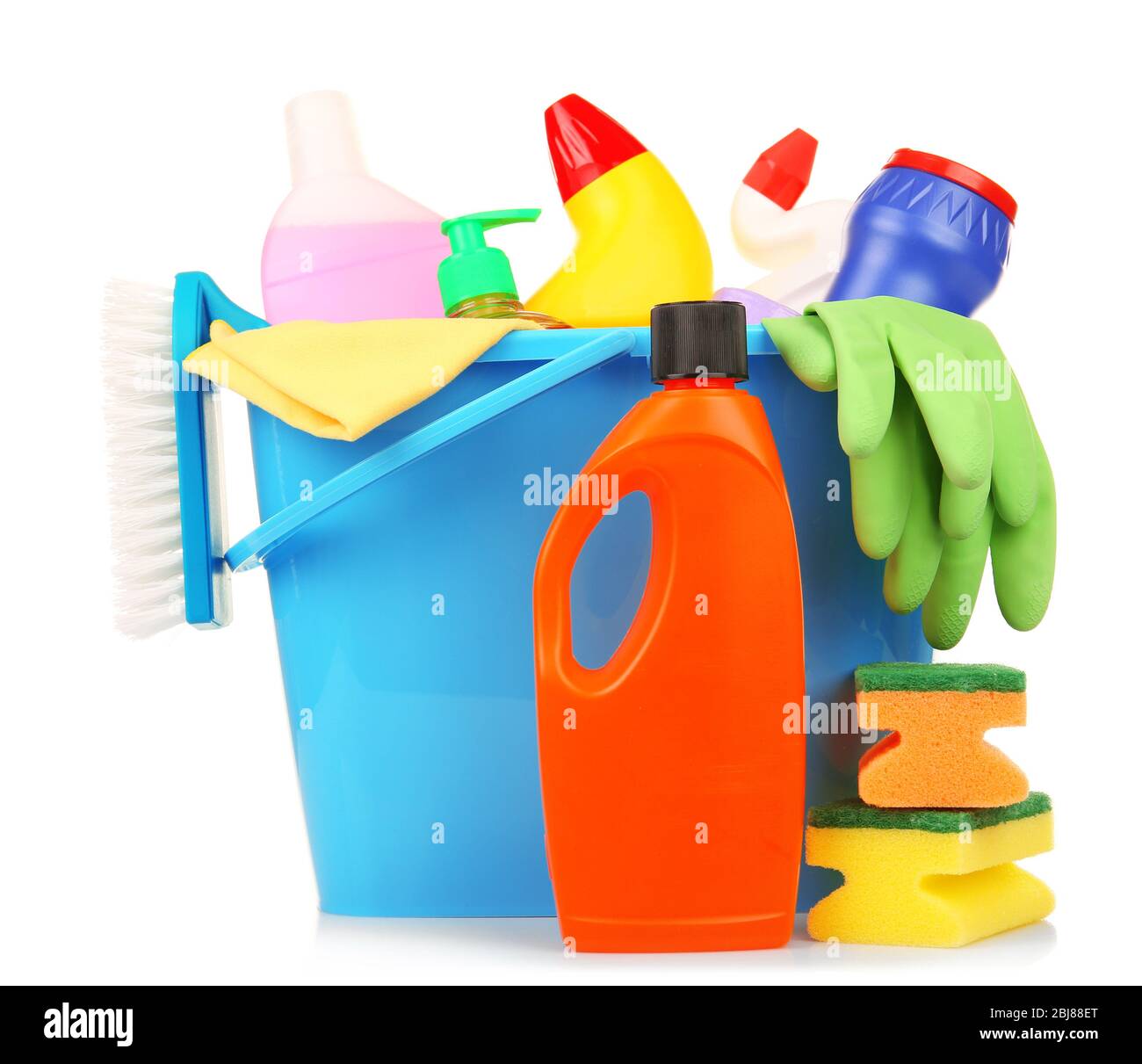 Cleaning set with tools and products in plastic bucket, isolated on ...